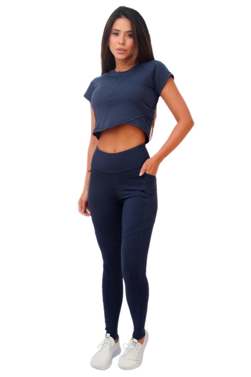 Conjunto Ecstasy Cropped e Legging Azul Top Model